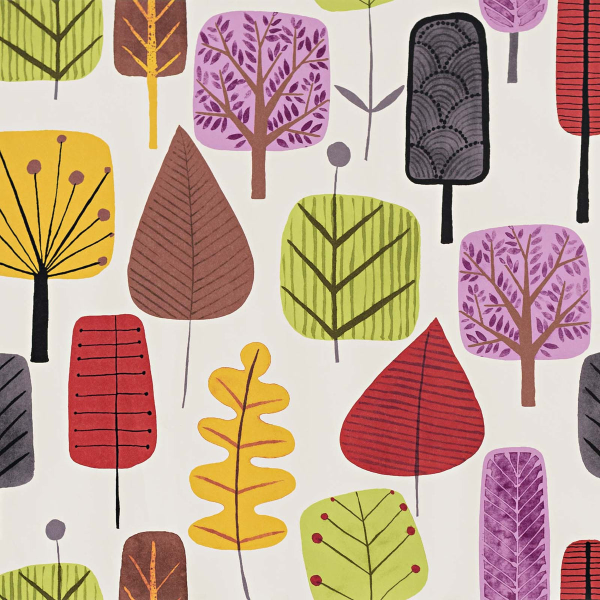 Retro Scandinavian wood Wallpaper tree leaf purple orange - Gloss Fini ...